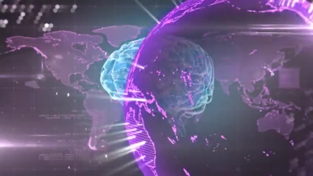 Digital Animation Human Brain Globe Spinning World Map Grey Background ...