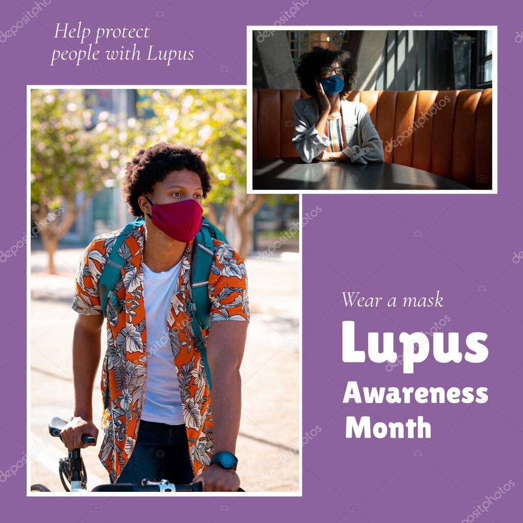 Collage de hombres y mujeres multirraciales que usan máscaras y ayudan ...