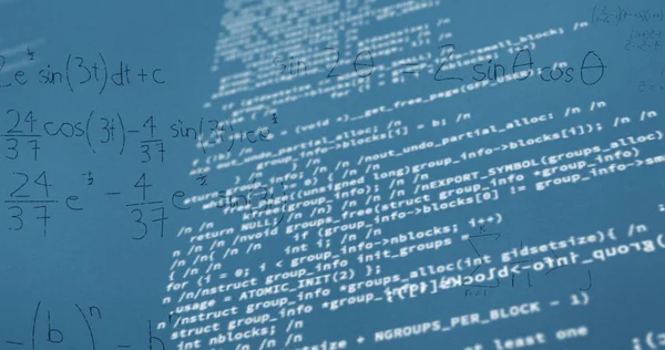 Image of mathematical equations and data processing on blue background. global business and ...