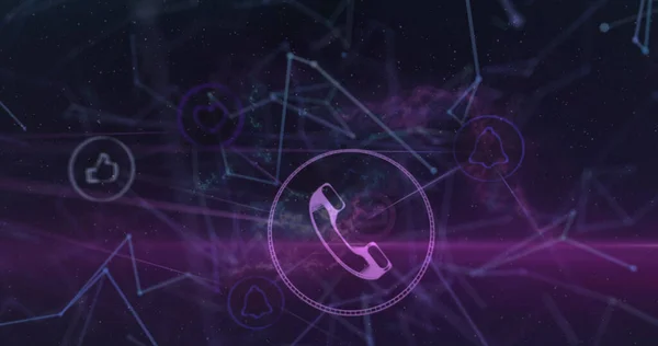 Digital image of Network of purple digital icons over plexus networks ...