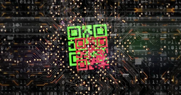 Image of interference over qr code, computer circuit board and data processing. Global ...