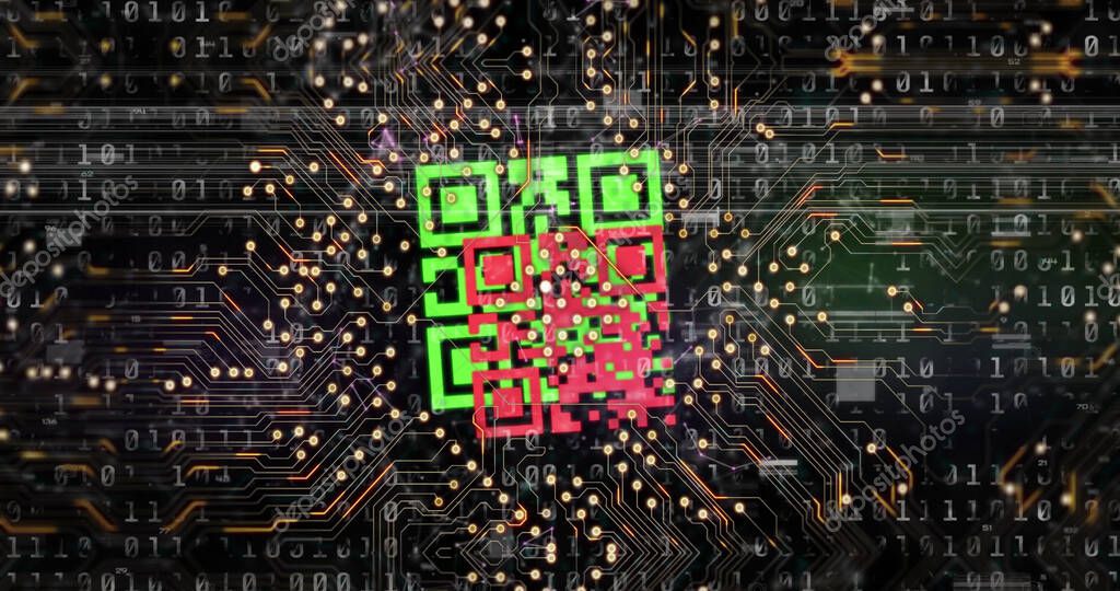 Image of interference over qr code, computer circuit board and data processing. Global ...