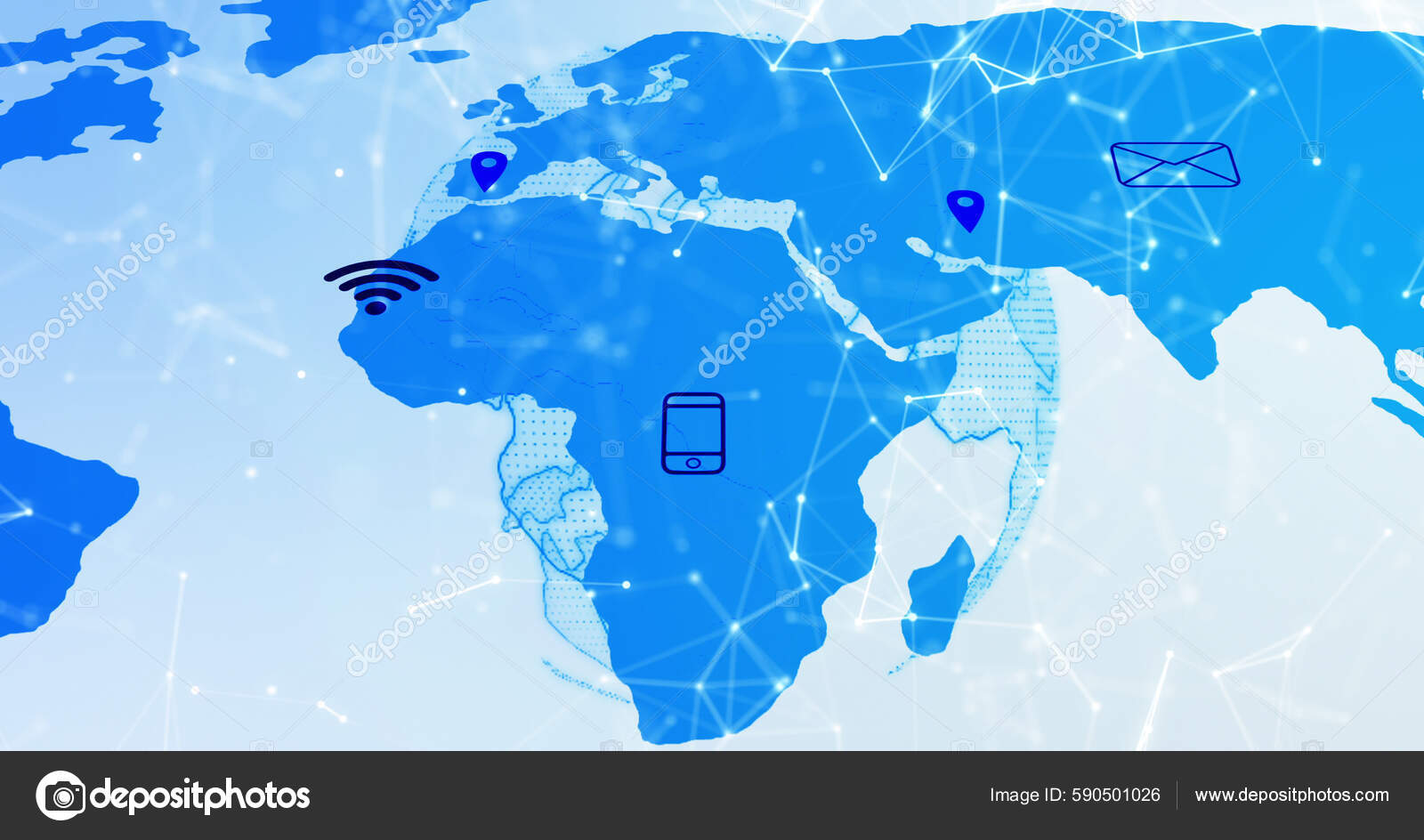 Image World Map Location Marks Tech Icons Light Blue Background — Stock ...