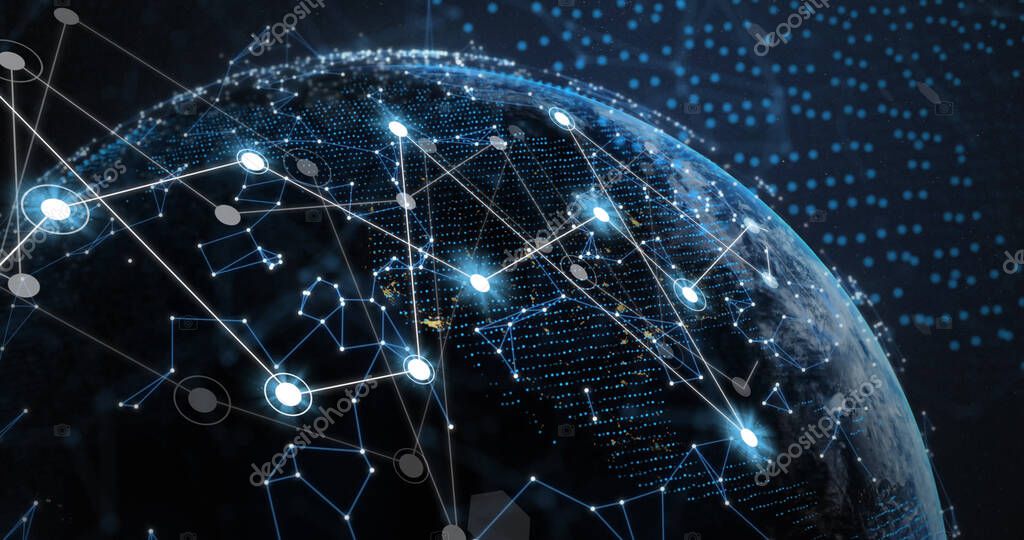 Image of connections and globe on black background. Global network ...