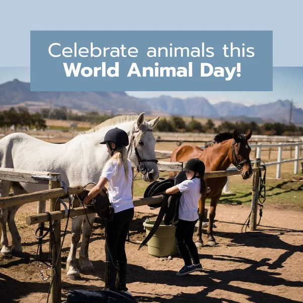 Composition of celebrate animals this world animal day text over horses ...