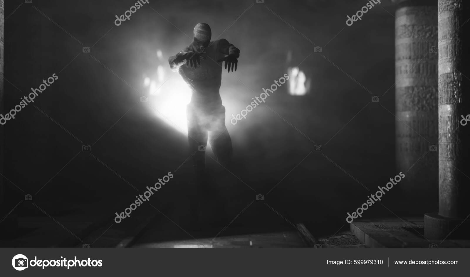 Image Scary Zombie Mummy Walking Dark Crypt Burning Torches Black ...