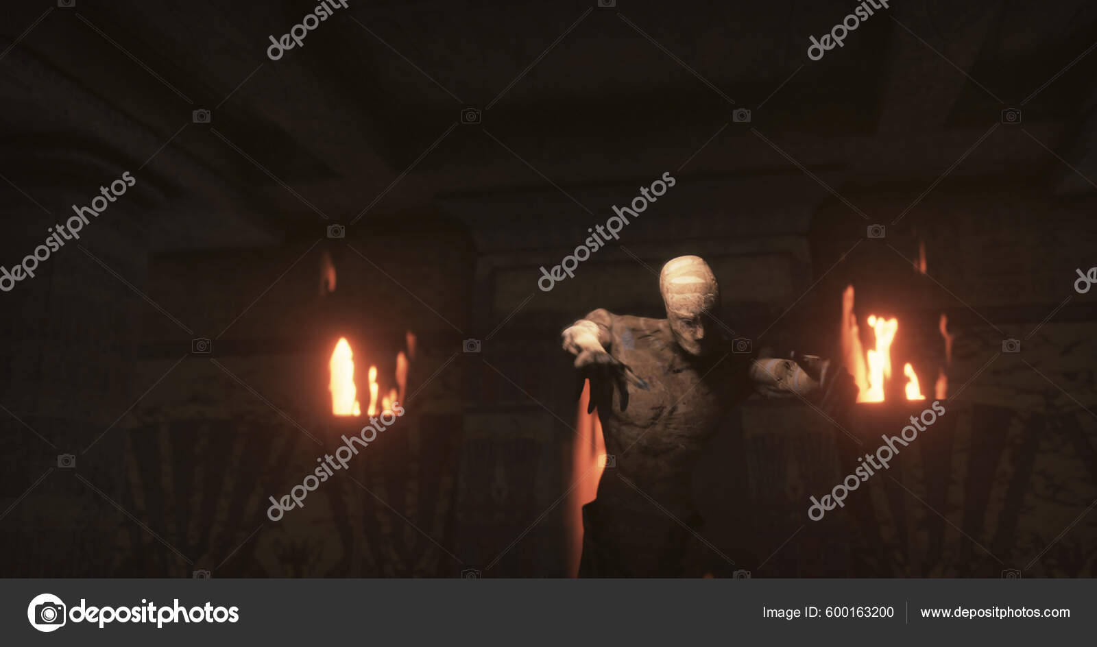 Image Scary Zombie Mummy Walking Dark Room Burning Torches Halloween ...