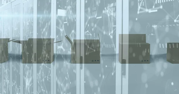 Image of network of connections over computer servers over cardboard ...