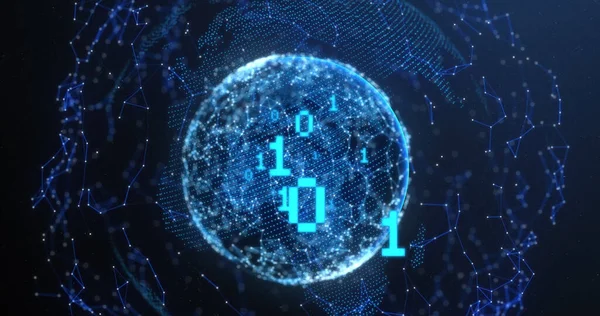 Image of binary coding and globe on black background. global technology and digital interface ...
