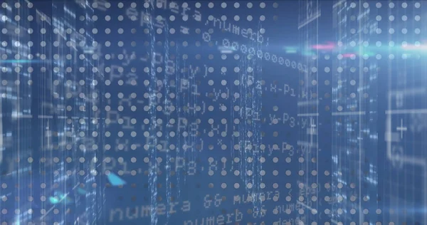 Image of data processing over screens of mosaic squares and light trails against blue background ...