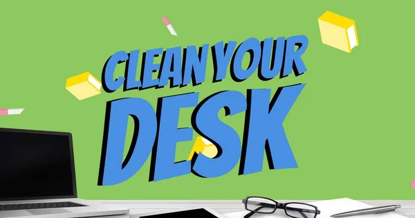 Composite of clean your desk text over falling cutters and books with ...
