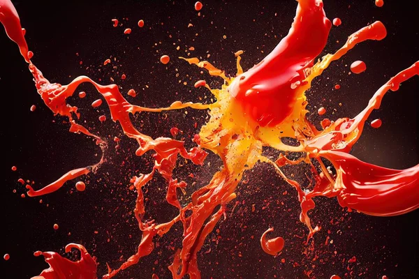 Tomato red sauce explosion, splash through flying tomatoes. Ketchup ...