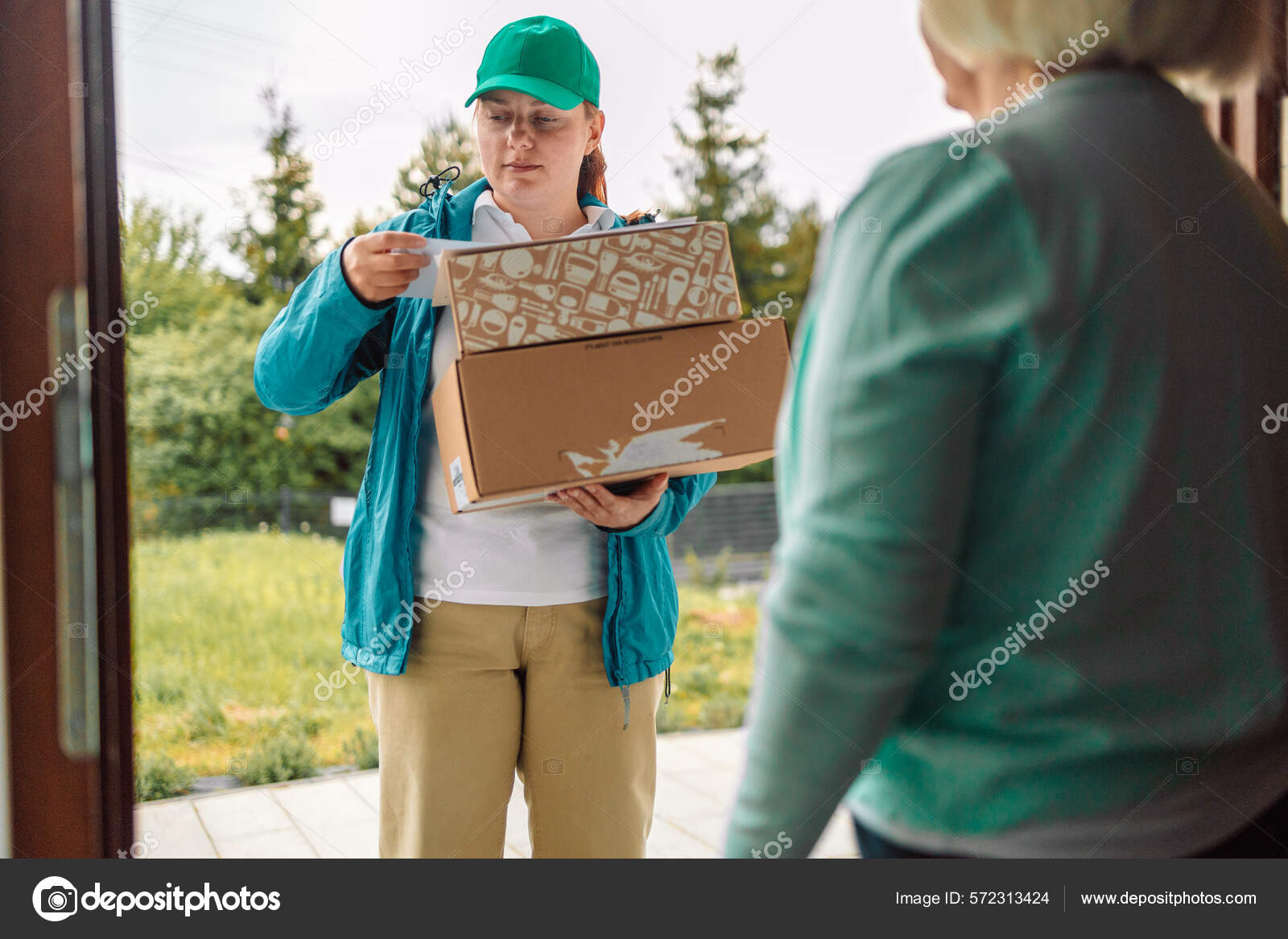 Postal service sending paper cardboard box to customer in front of a ...