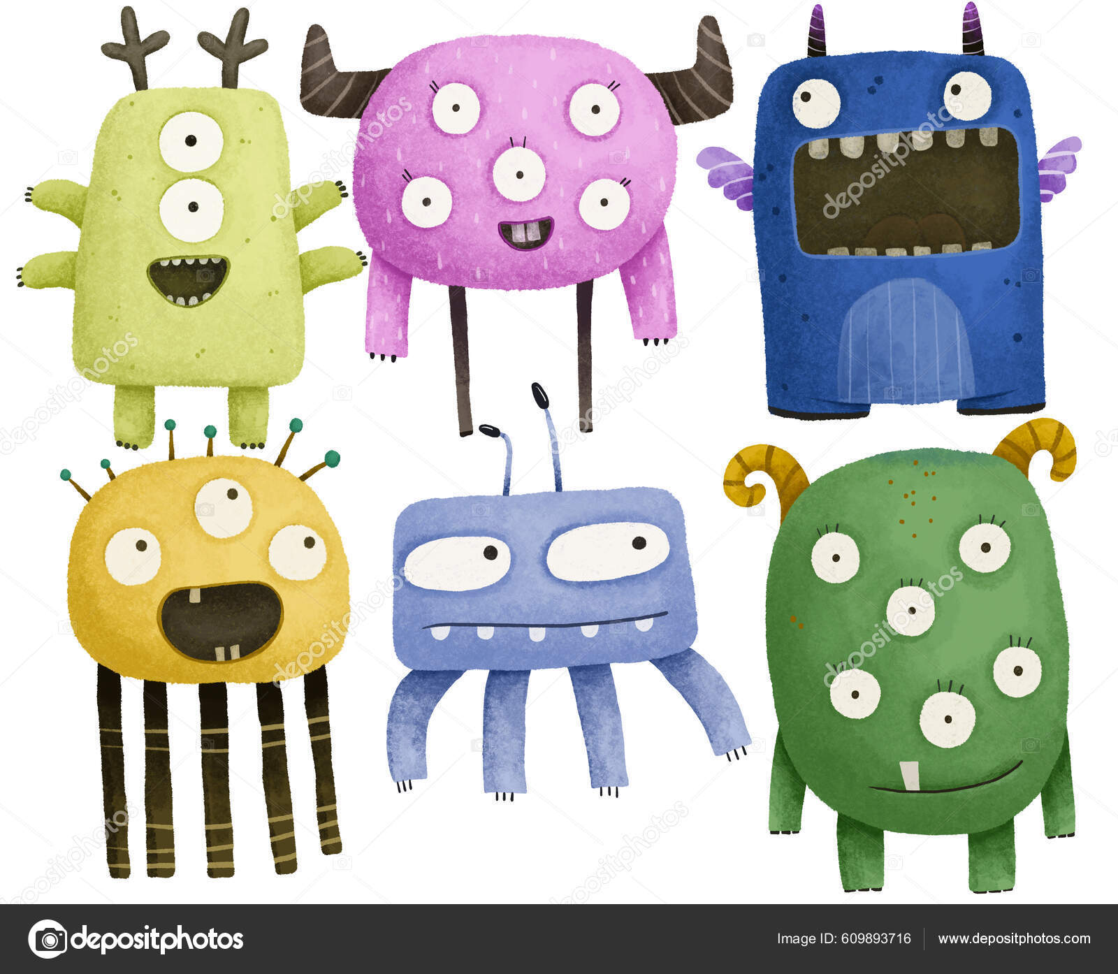 Set Cute Monsters Character Illustration Childish Hand Painted ...