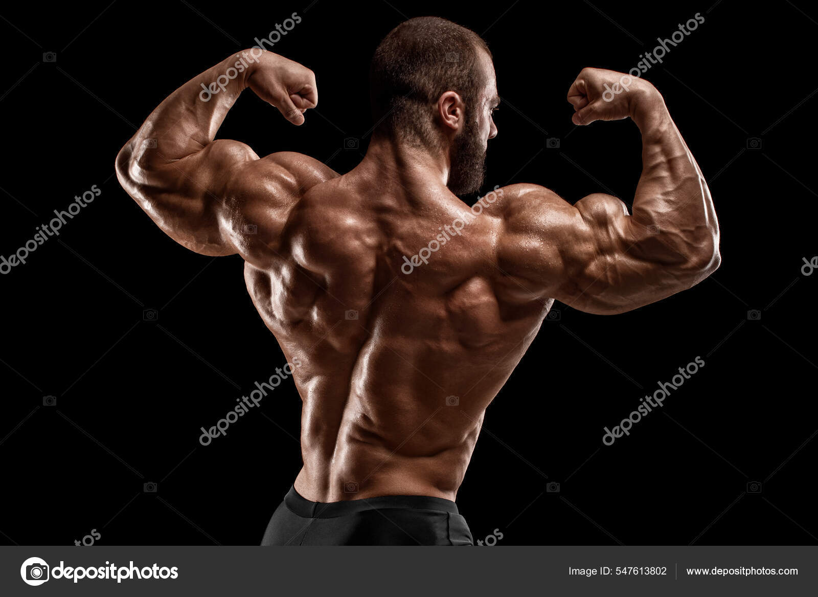 Muscular Man Showing Back Muscles Isolated Black Background Strong Male ...