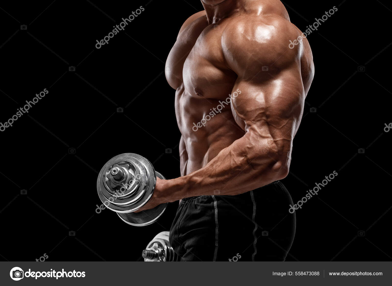 Hombre Musculoso Haciendo Ejercicio Con Pesas Aislado Sobre Fondo Negro ...