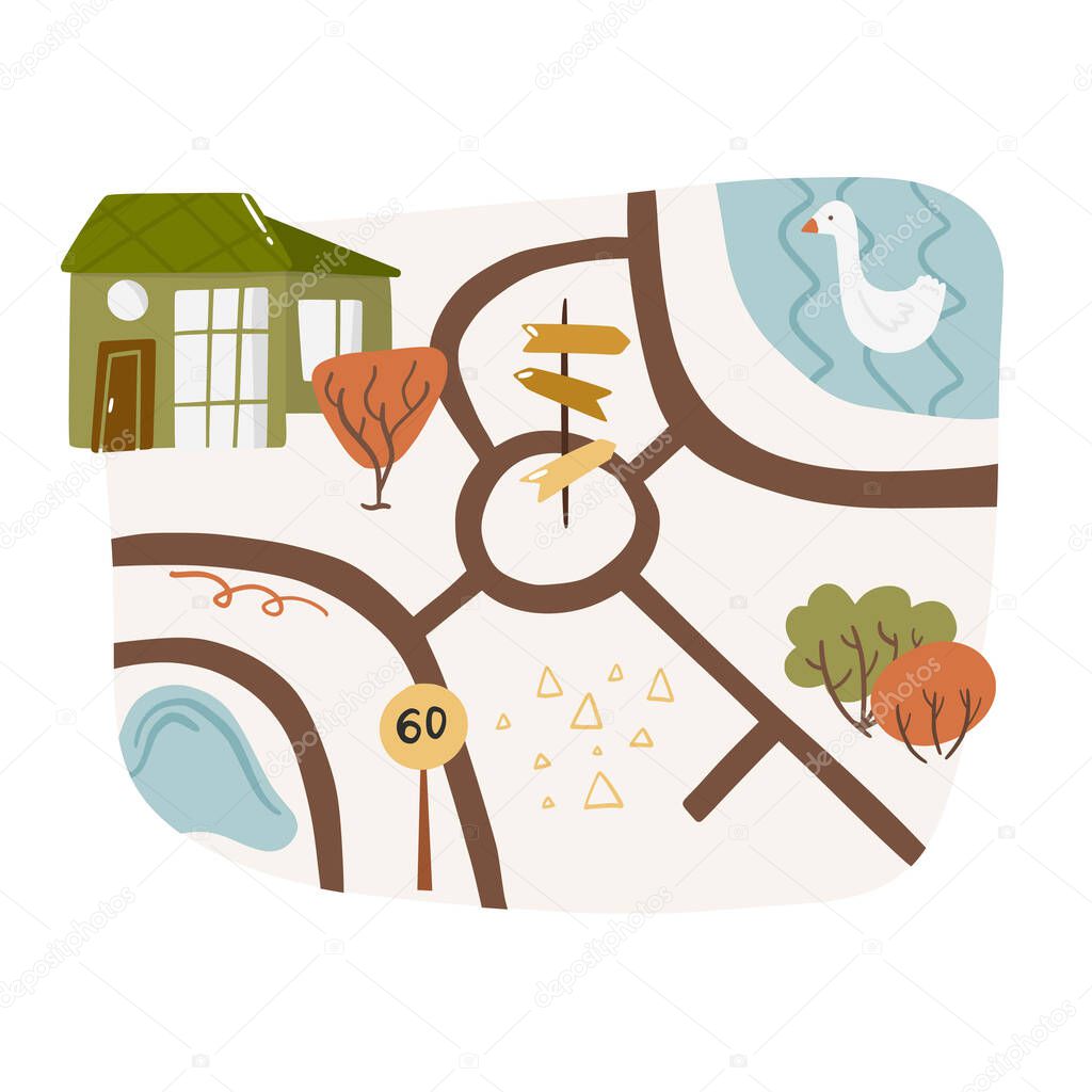 Lindo mapa doodle paisaje con estanque, ruta y casa, pájaro de ganso ...