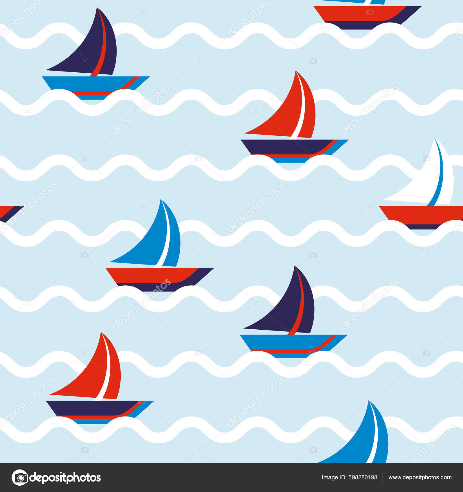 Red Blue Sailing Ships White Waves Seamless Pattern Background Design ...