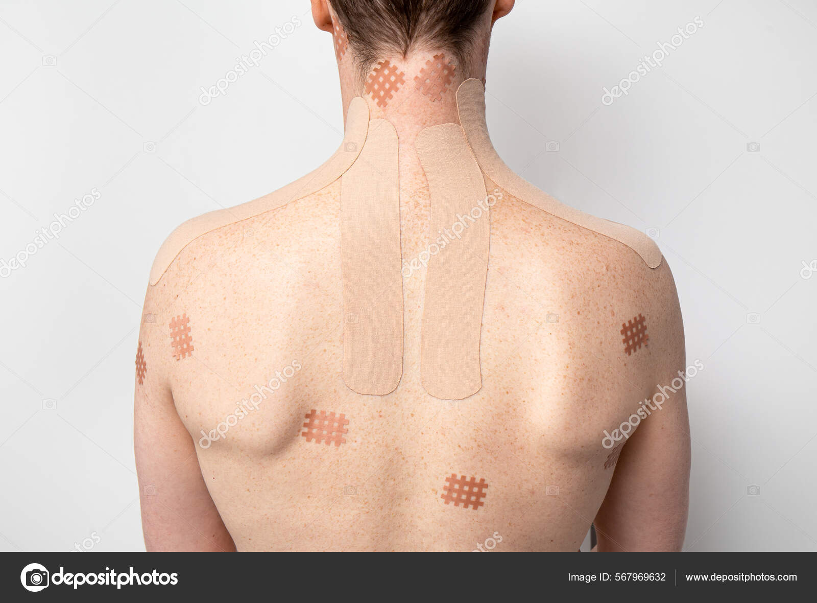 Close View Man Back Neck Various Pain Relief Batches Applied Stock ...