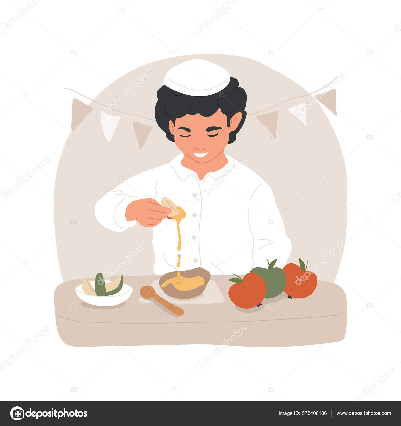 Rosh Hashanah Isolated Cartoon Vector Illustration Little Boy Preparing ...