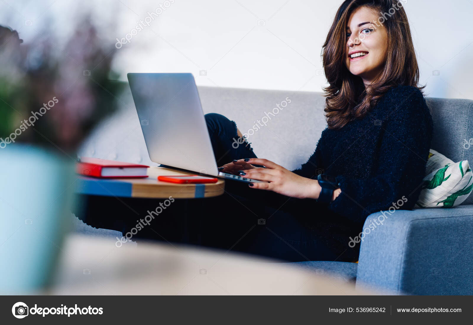 Smiling Young Woman Working Remotely Computer While Sitting Comfortable ...
