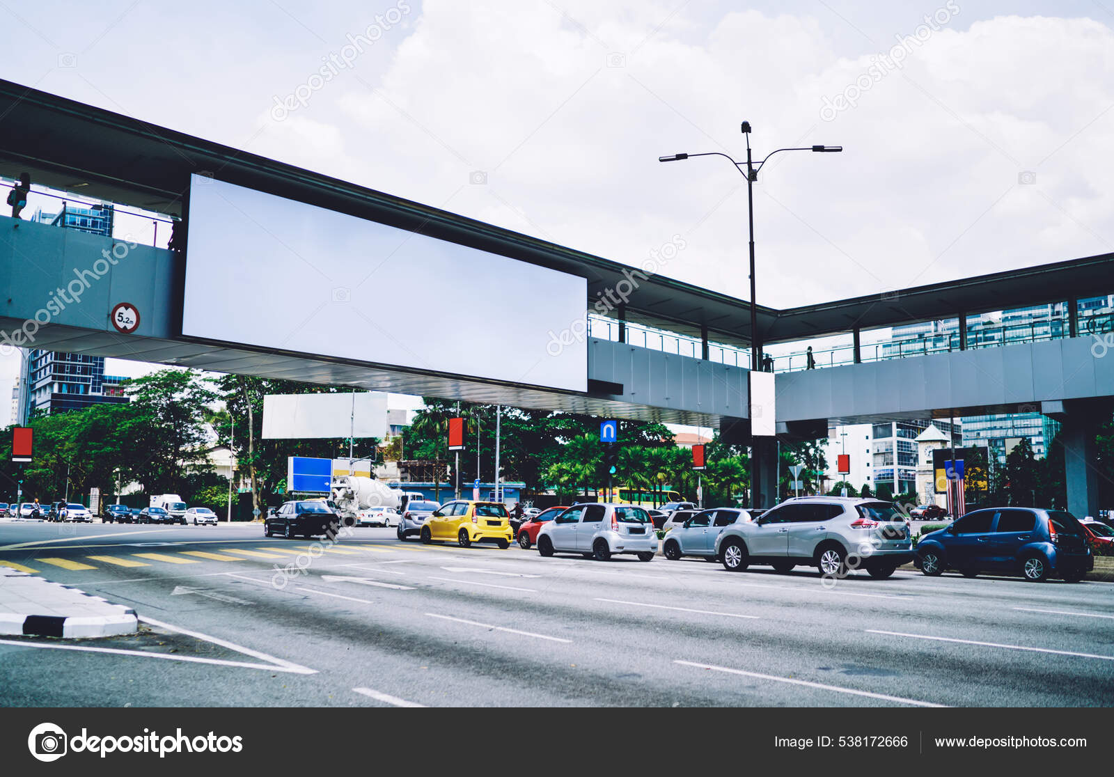 Empty Gray Square Billboard Placed Pedestrian Bridge Empty Roadway Cars ...
