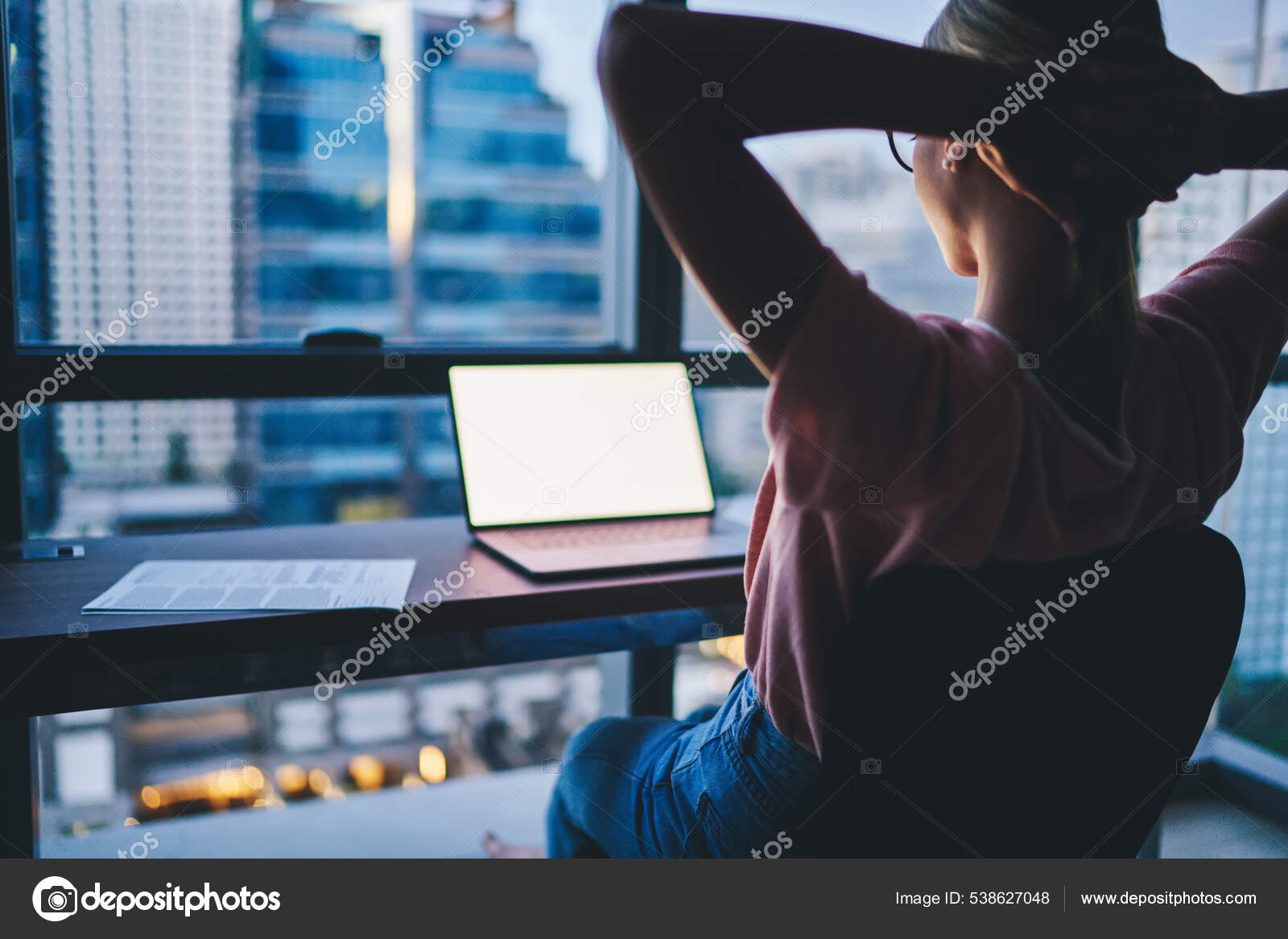 Back View Responsible Female Employee Sitting Table Panoramic Window ...