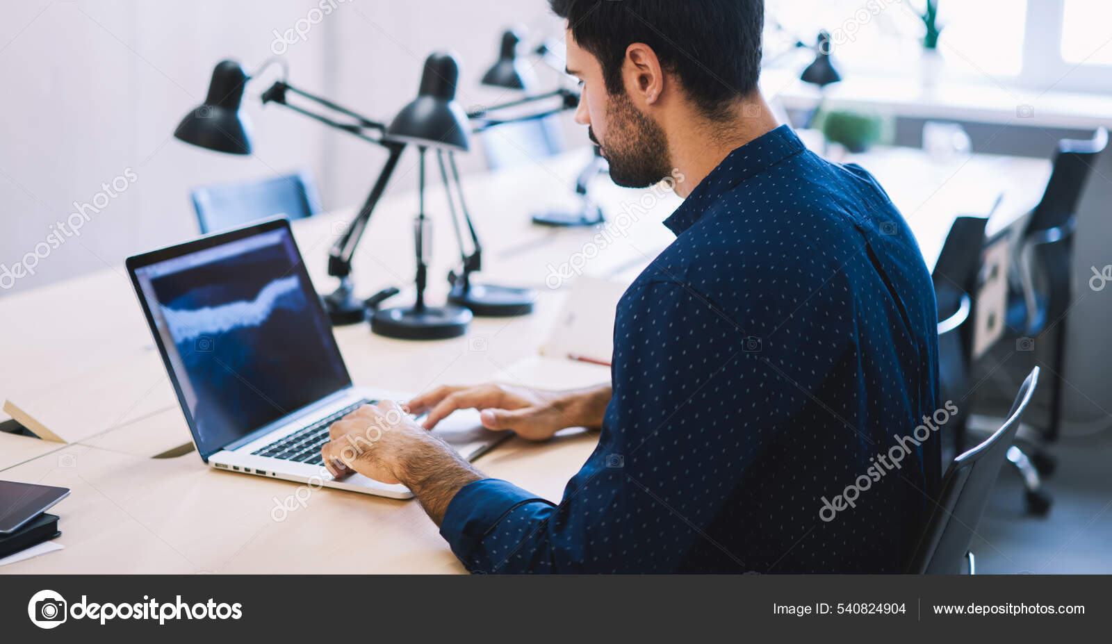 Back View Focused Young Manager Casual Wear Working Program Laptop ...