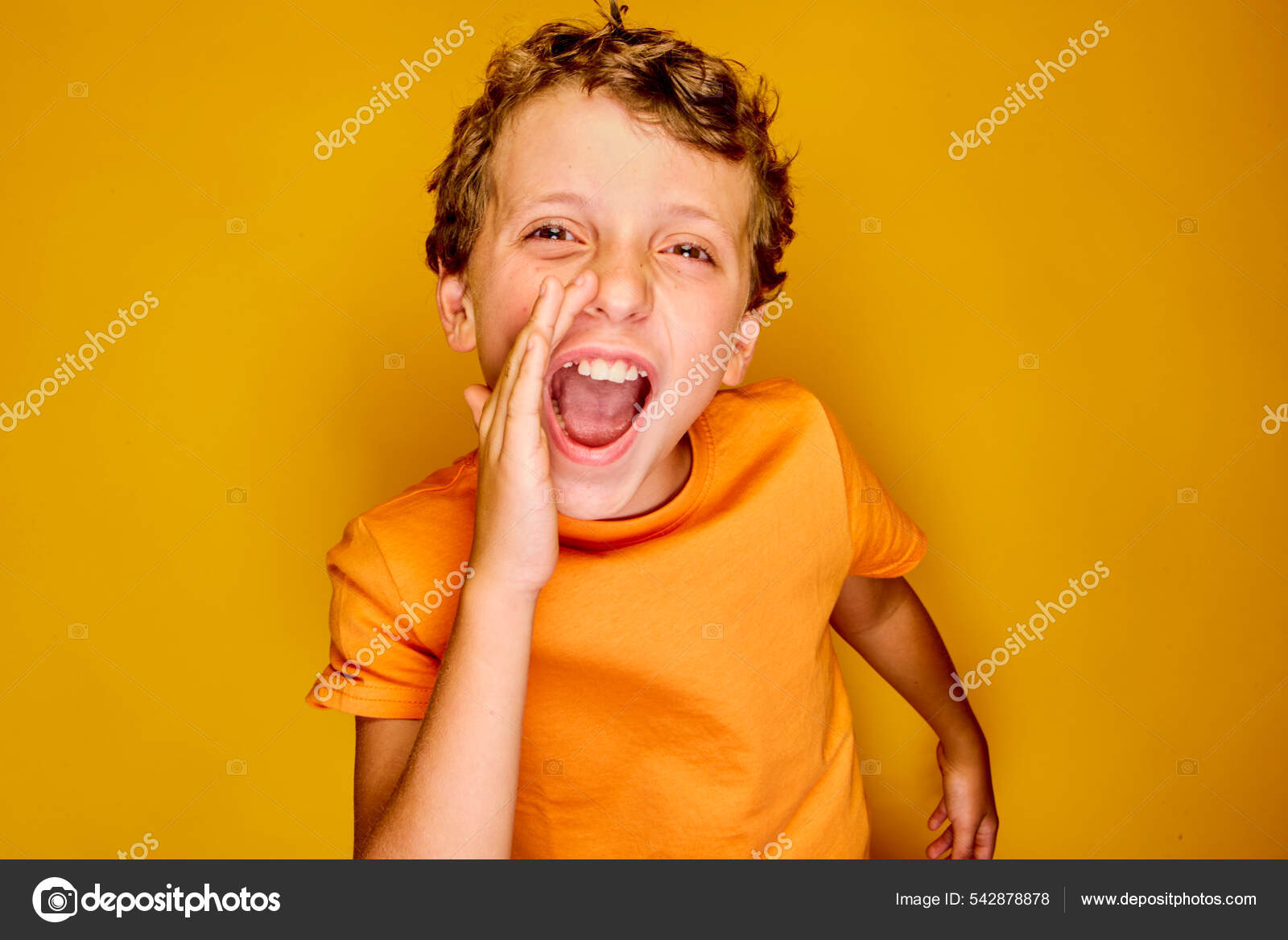 Little Boy Full Joy Energy Light Bright Studio Color Yellow Stock Photo ...