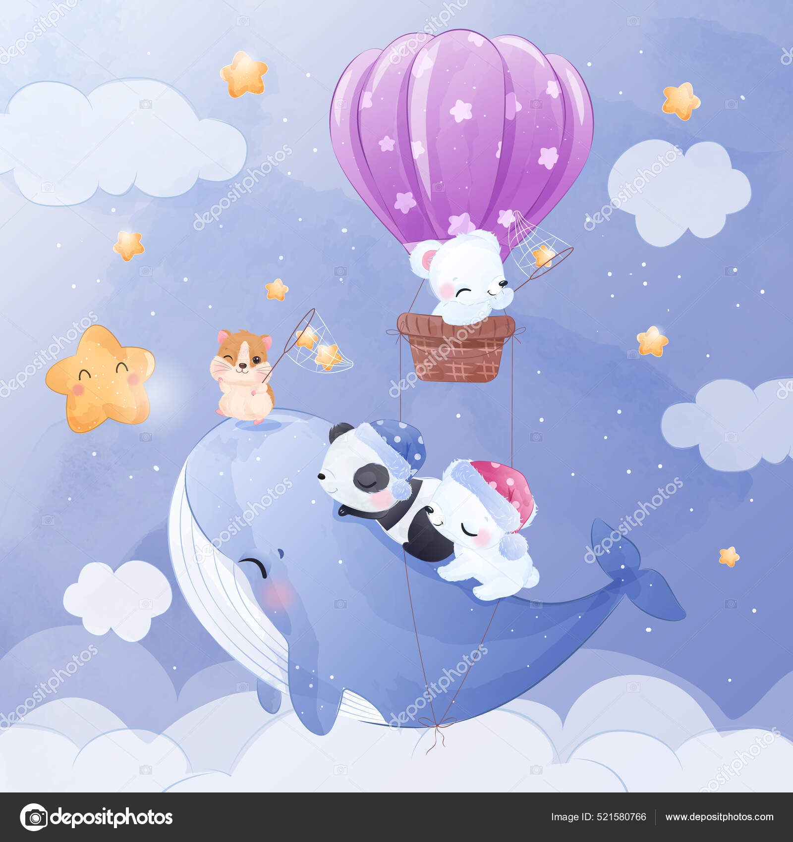 Cute Cartoon Sleeping Animals Flying Starry Night Sky Stock Vector by ...