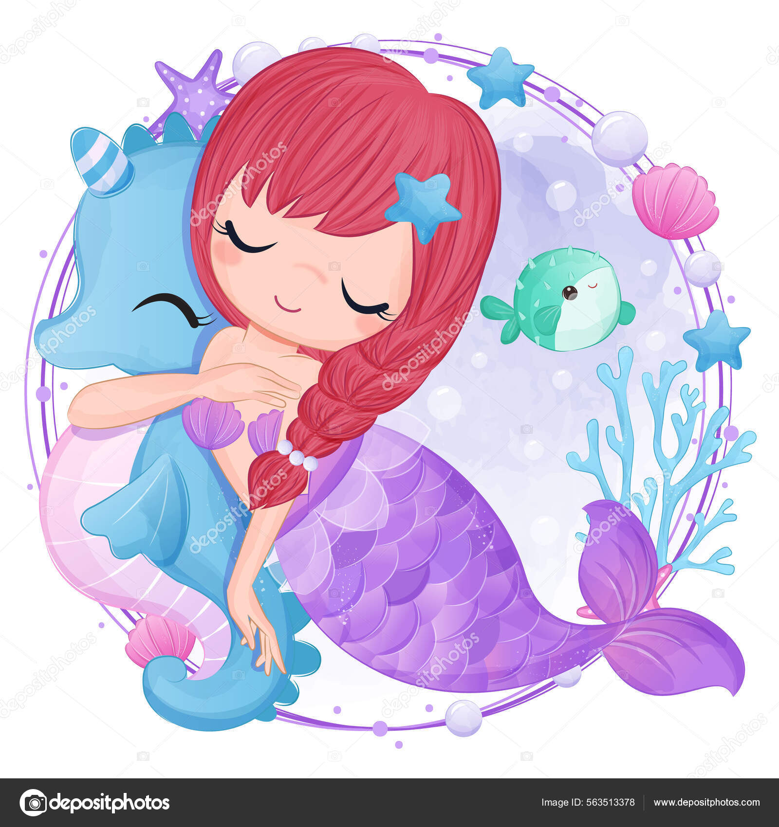 Cute Little Mermaid Watercolor Illustration Stock Vector Image by ...