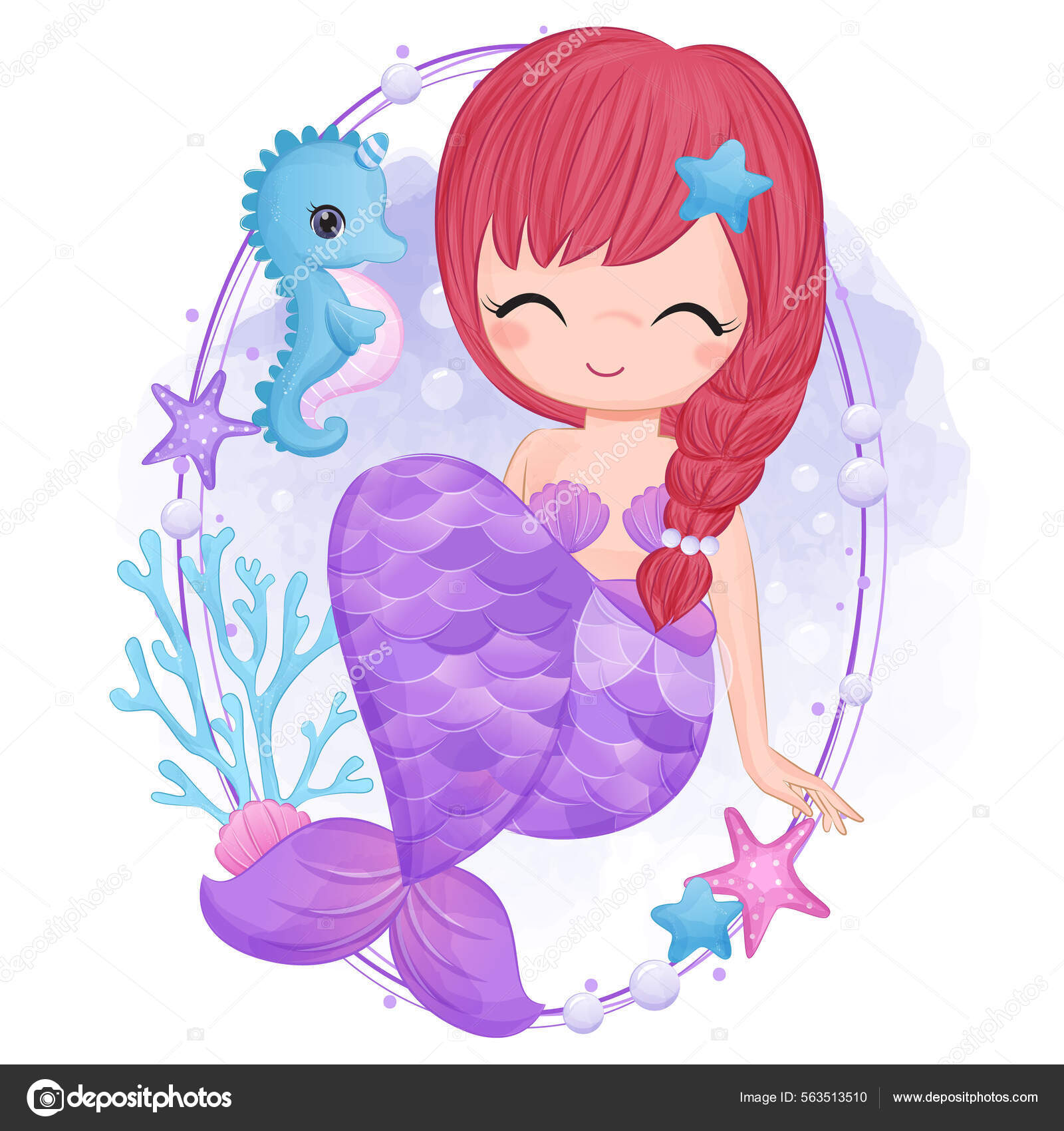 Putri Duyung Kecil Yang Lucu Dalam Ilustrasi Cat Air Vektor Stok oleh ...