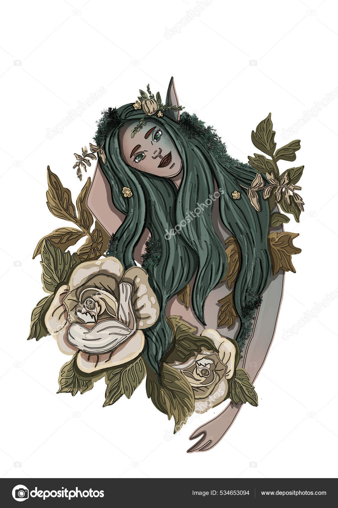 Swamp Nymph Pointed Ears Long Green Hair Dense Vegetation Flowers Stock ...