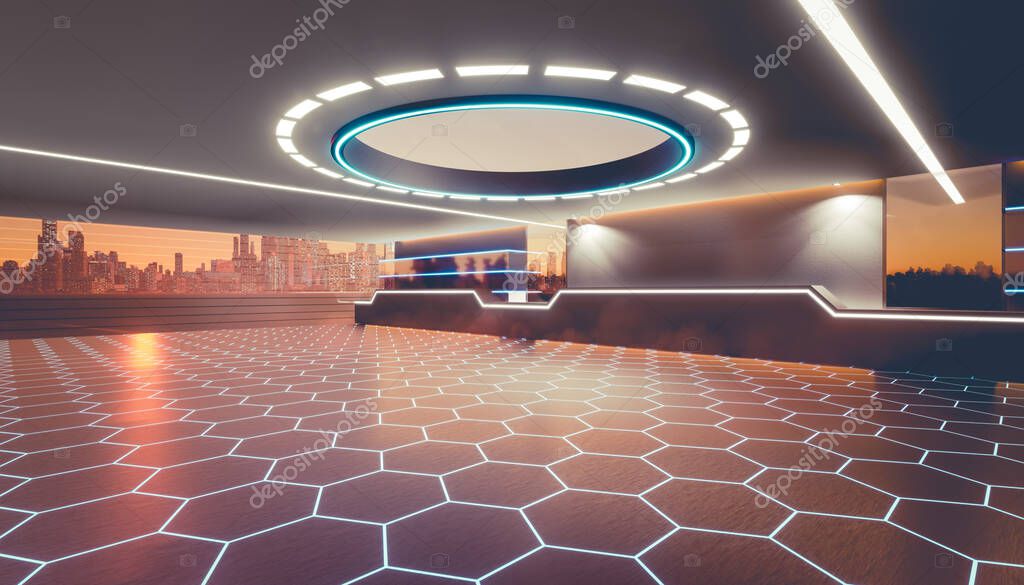 3d rendering of empty space inside futuristic showroom, spaceship, hall ...