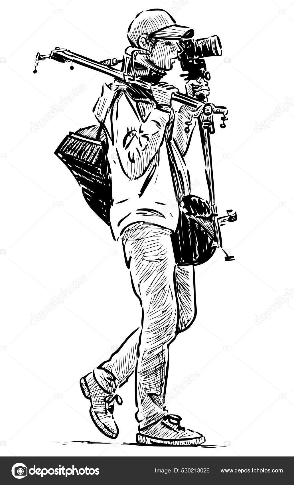 Sketch Young Professional Photographer Equipment Walking Work Stock ...
