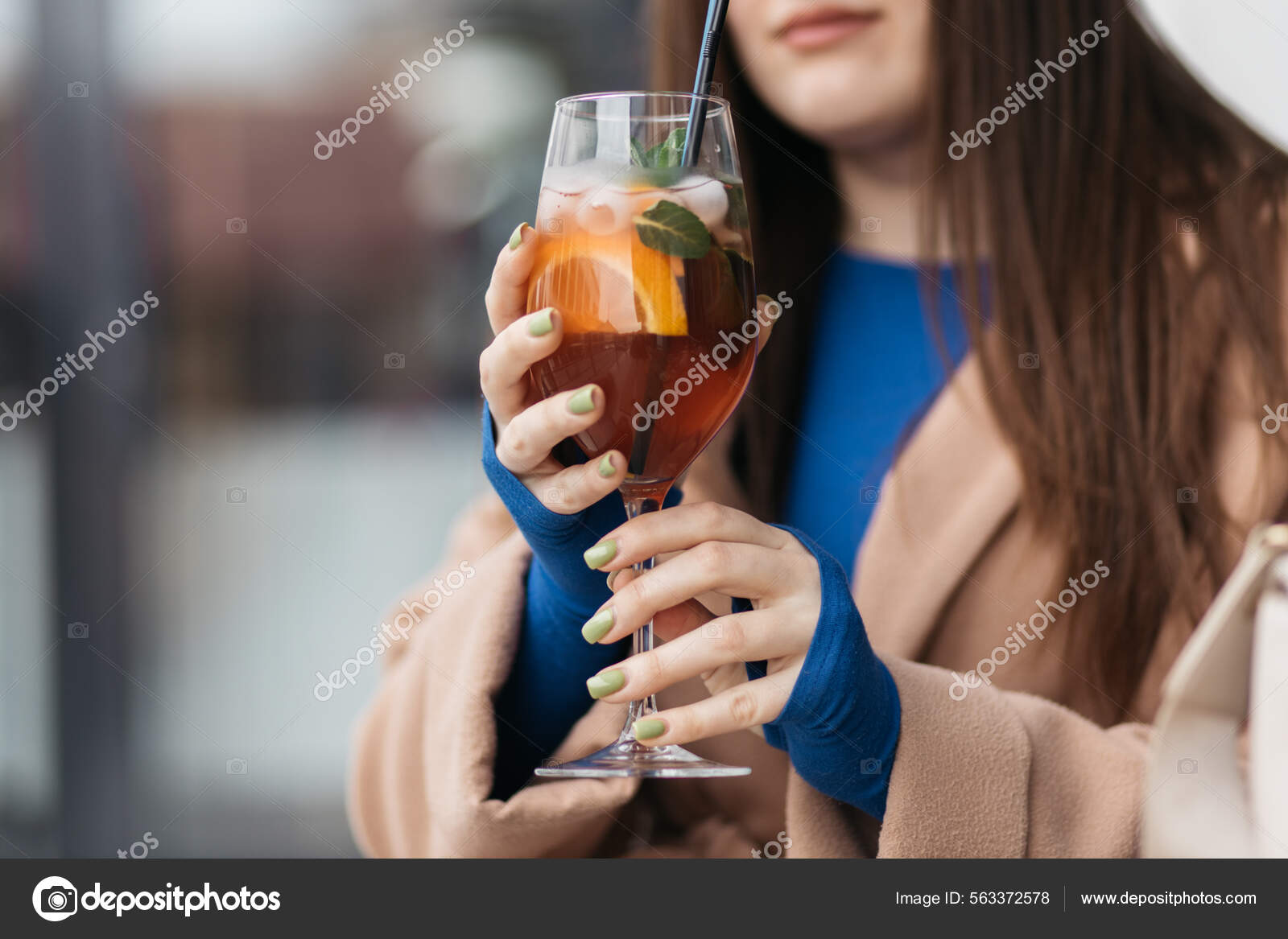 Young Girl Holding Aperol Spritz Aperol Cocktail Syringe Glass Young