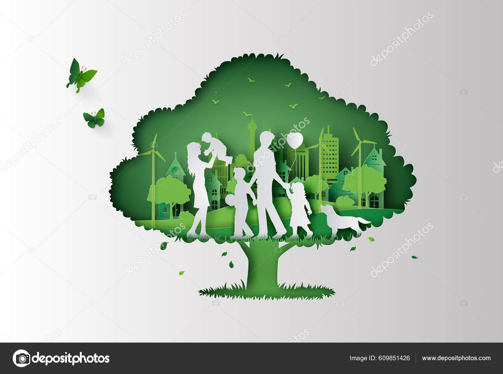 Nature Environment Concept Happy Family Tree Frame Paper Cut Digital ...