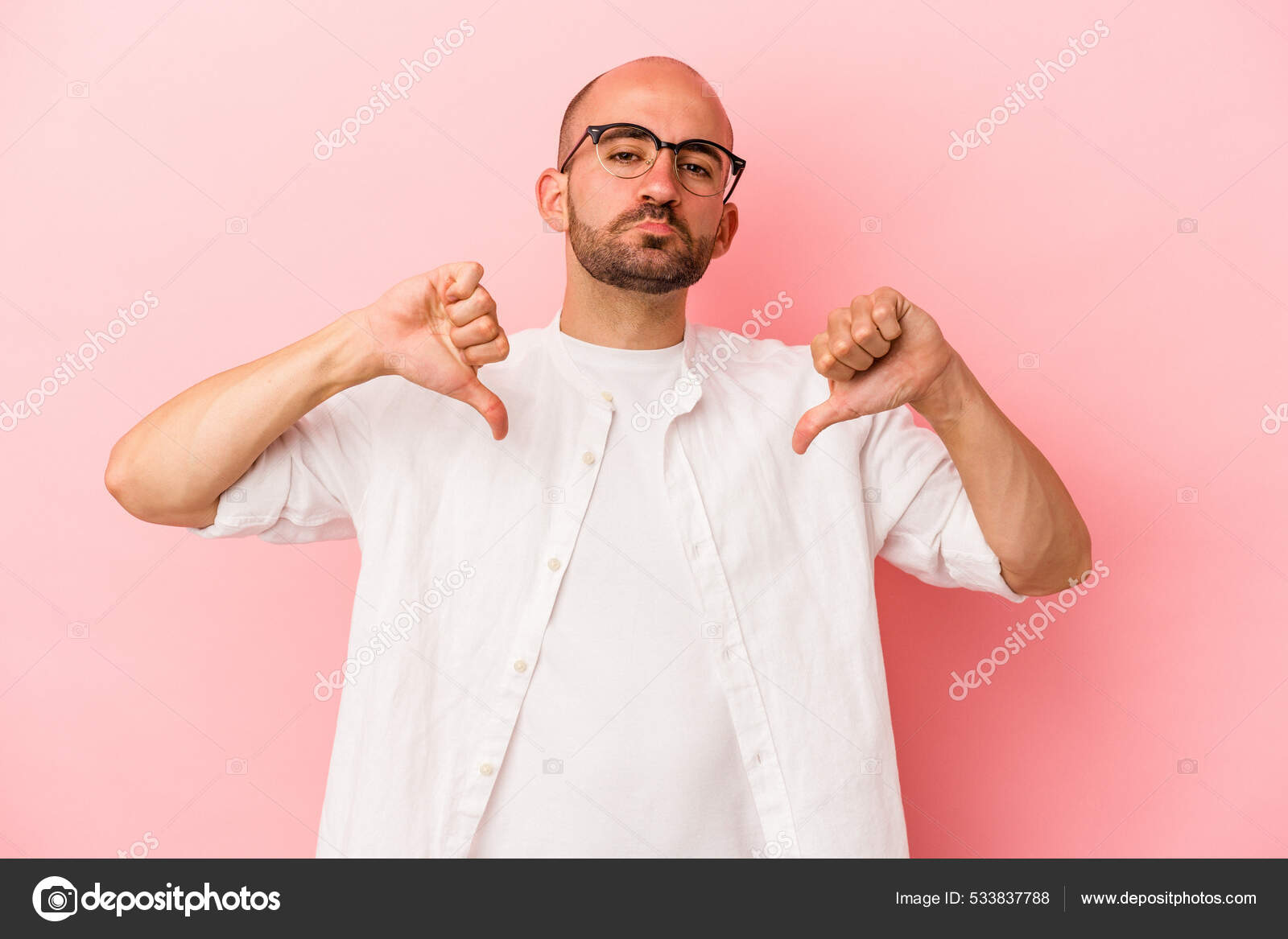 Young Caucasian Bald Man Isolated Pink Background Showing Dislike ...