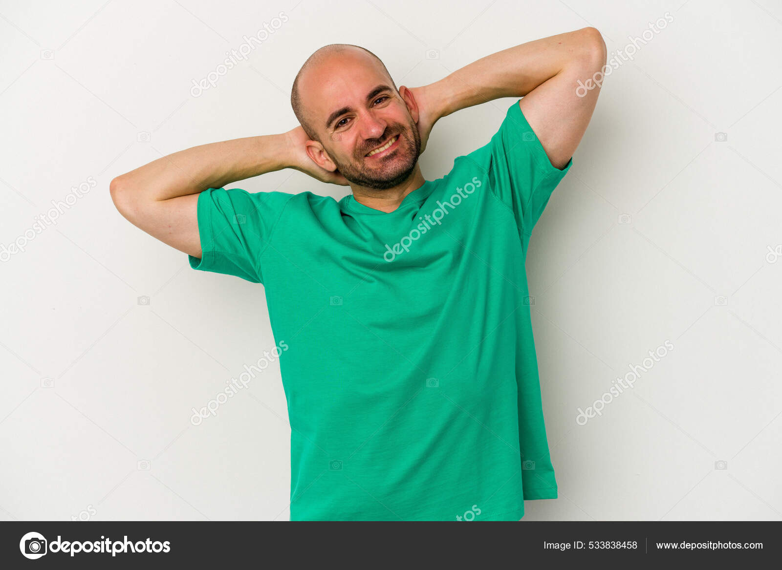 Young Bald Man Isolated White Background Stretching Arms Relaxed ...
