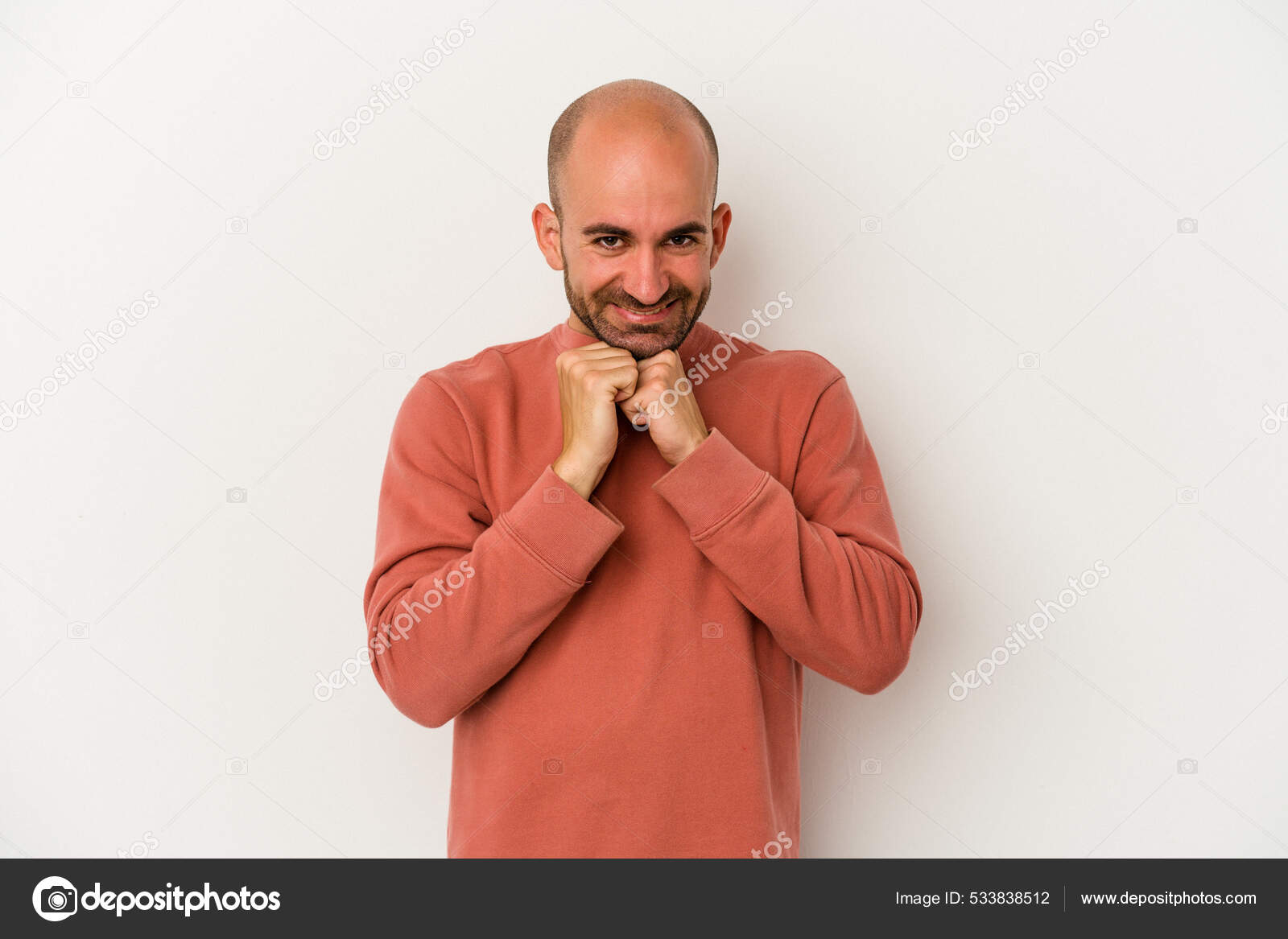 Young Bald Man Isolated White Background Keeps Hands Chin Looking ...