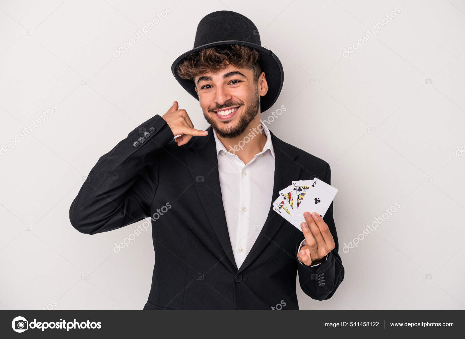 Young Arab Wizard Man Holding Magic Cards Isolated White Background ...