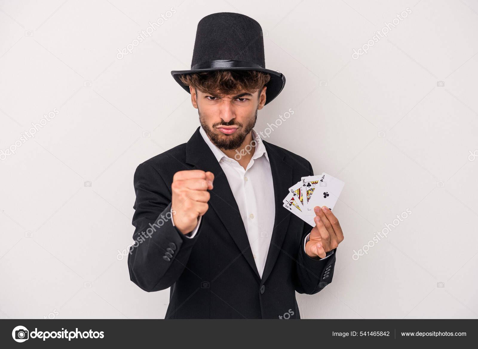 Young Arab Wizard Man Holding Magic Cards Isolated White Background ...