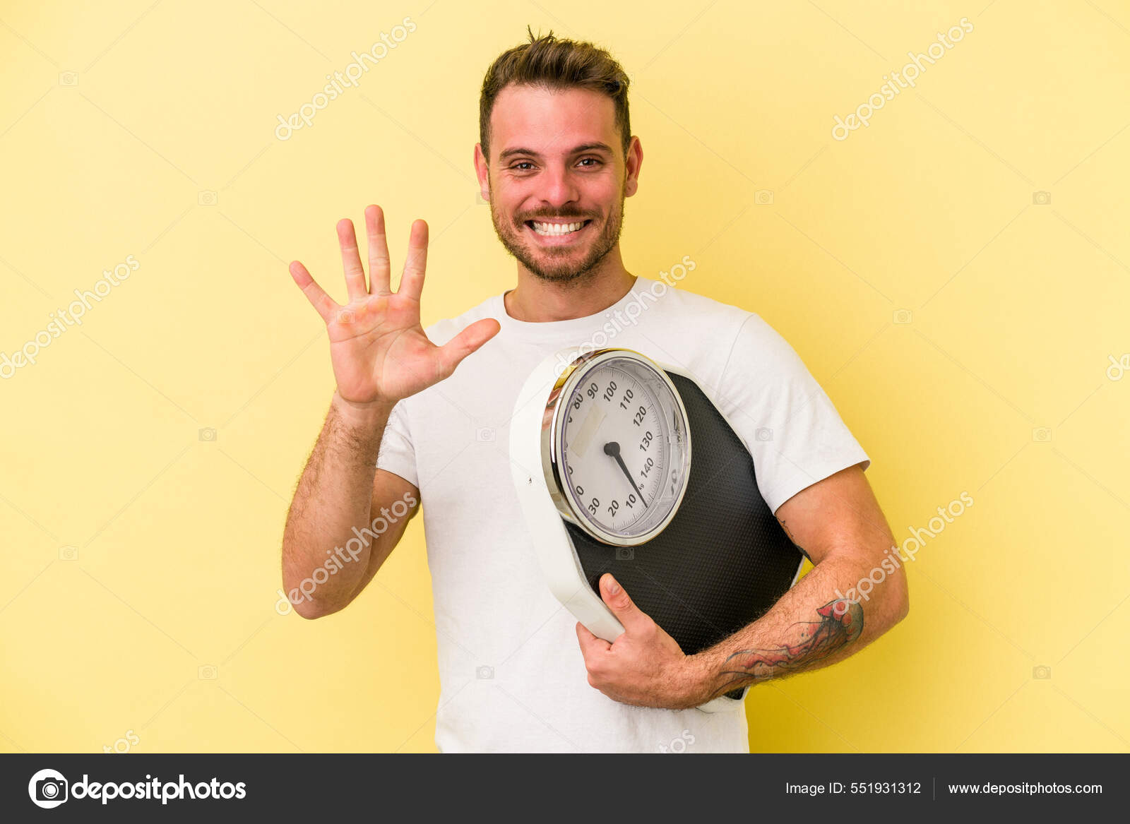 Young Caucasian Man Holding Scale Isolated Yellow Background Smiling ...