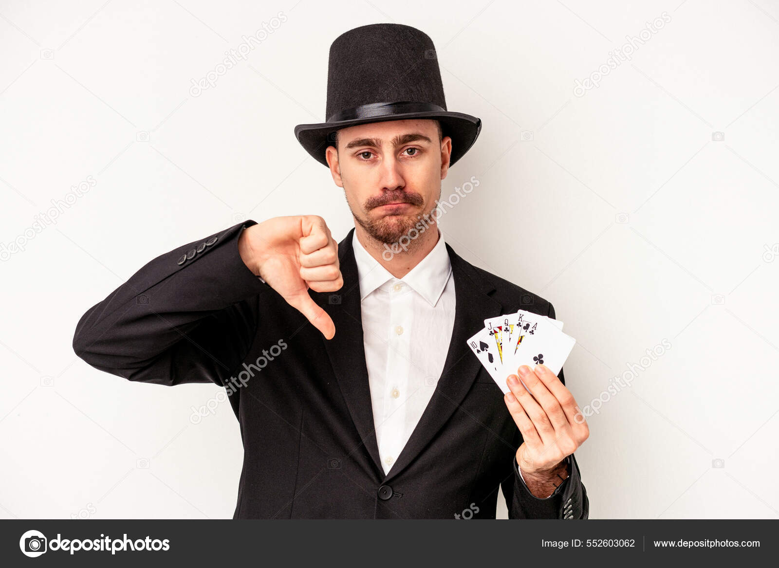 Young Caucasian Wizard Man Holding Magic Cards Isolated White ...