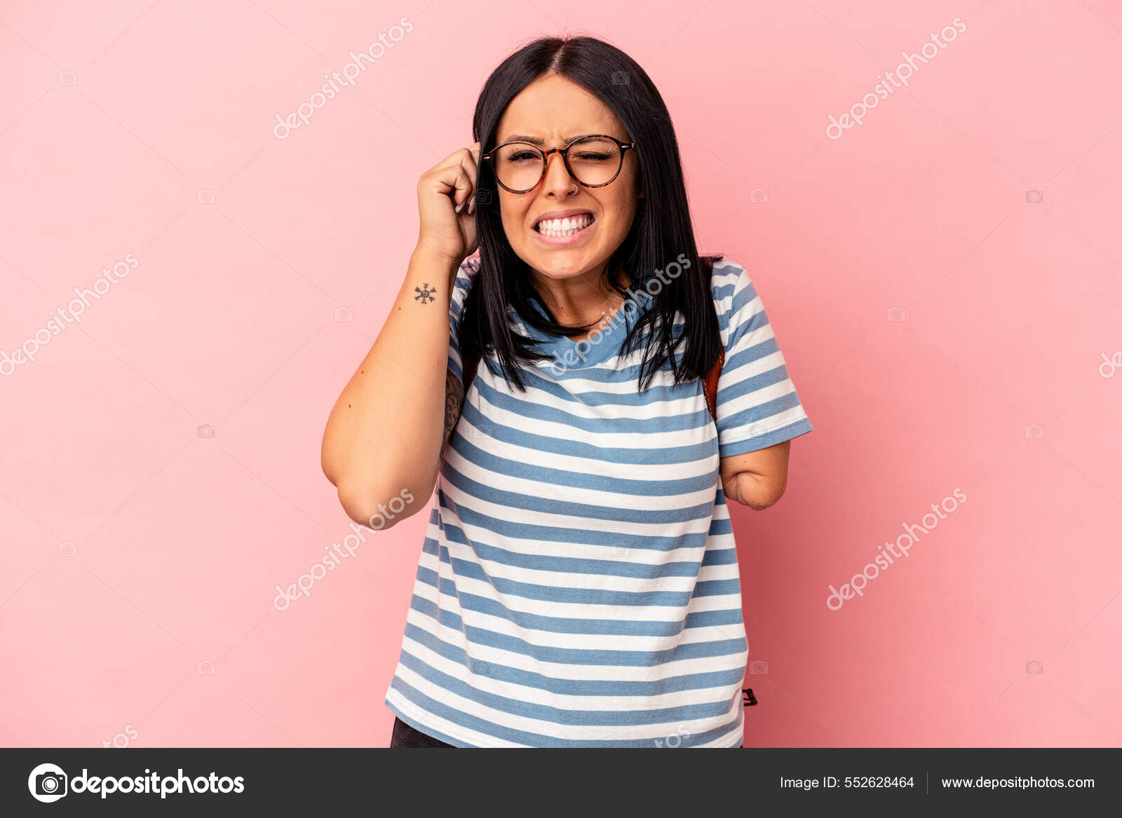 Young Caucasian Student Woman One Arm Isolated Pink Background Covering ...