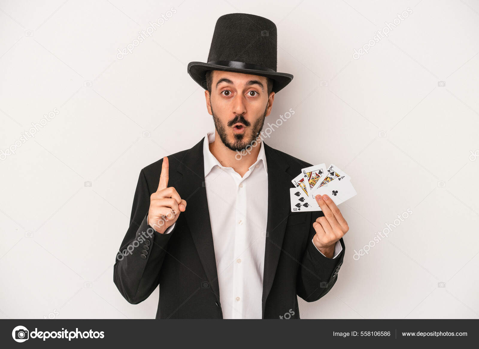 Young Magician Man Holding Magic Card Isolated White Background Having ...