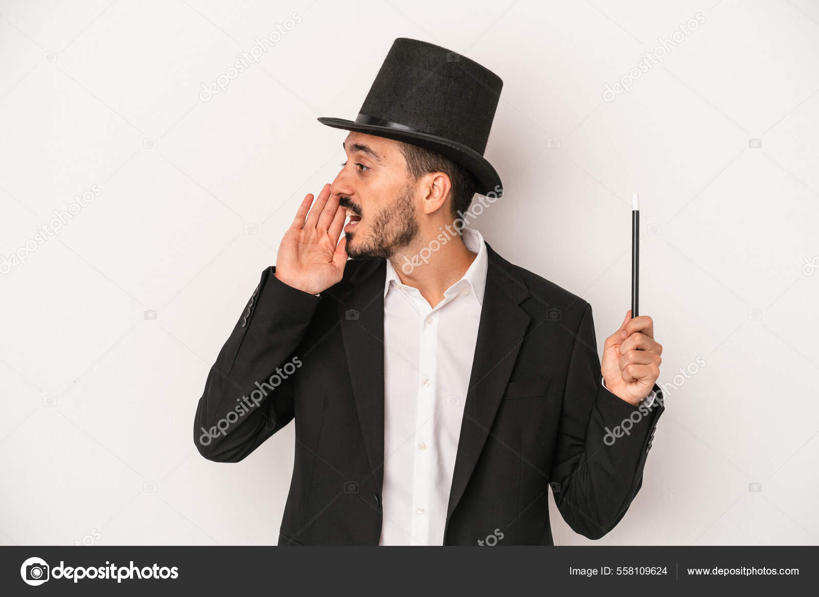 Young Magician Man Holding Wand Isolated White Background Shouting ...
