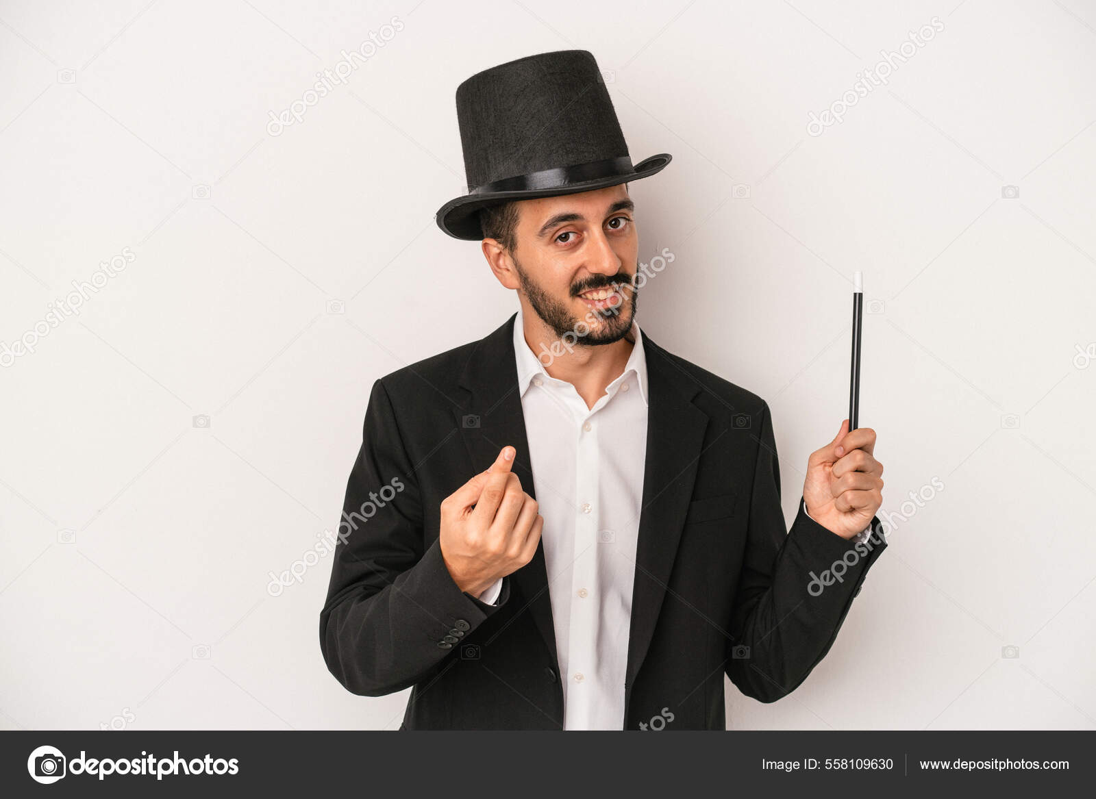Young Magician Man Holding Wand Isolated White Background Pointing ...