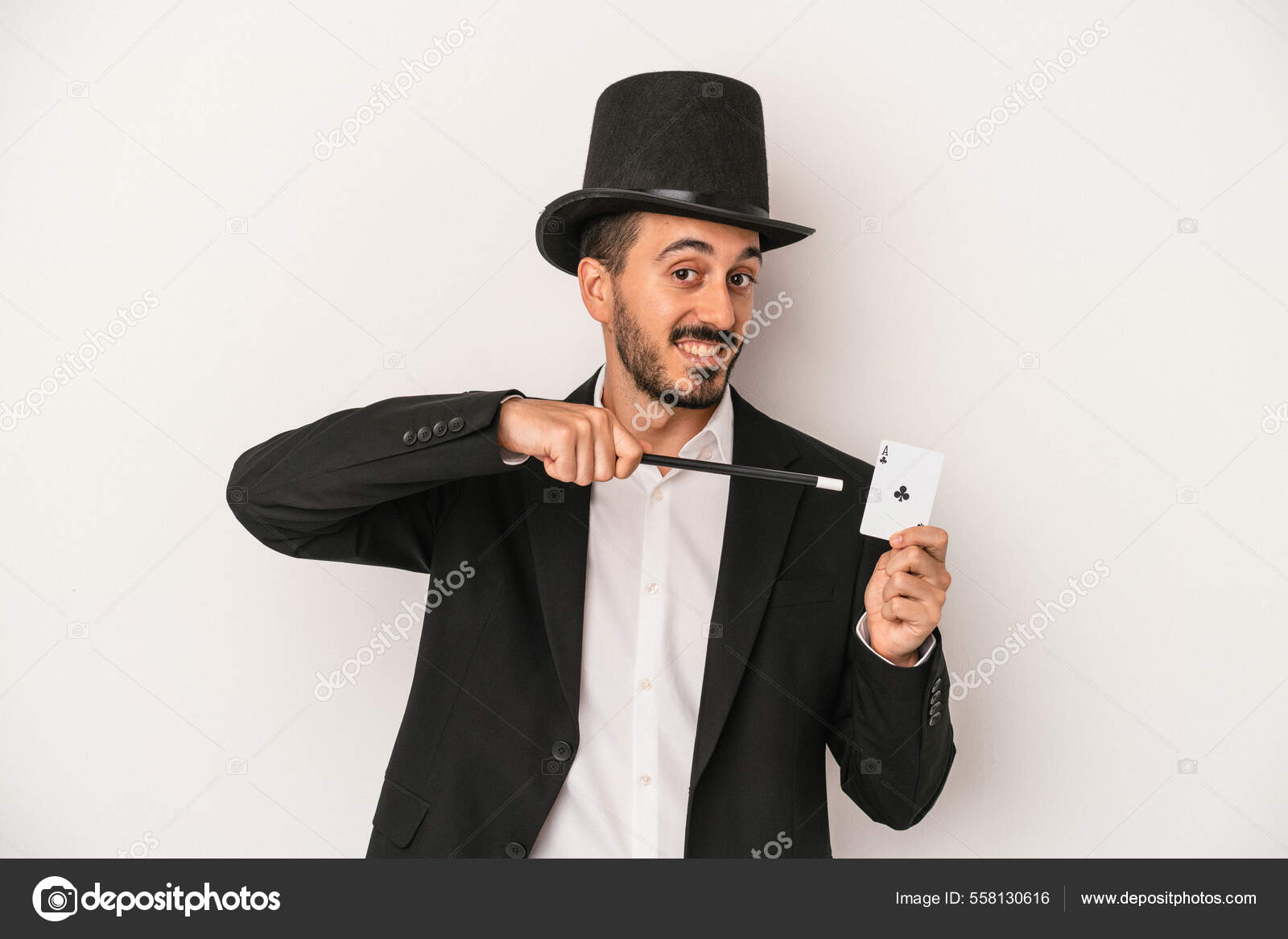 Young Magician Man Holding Wand Magic Card Isolated White Background ...