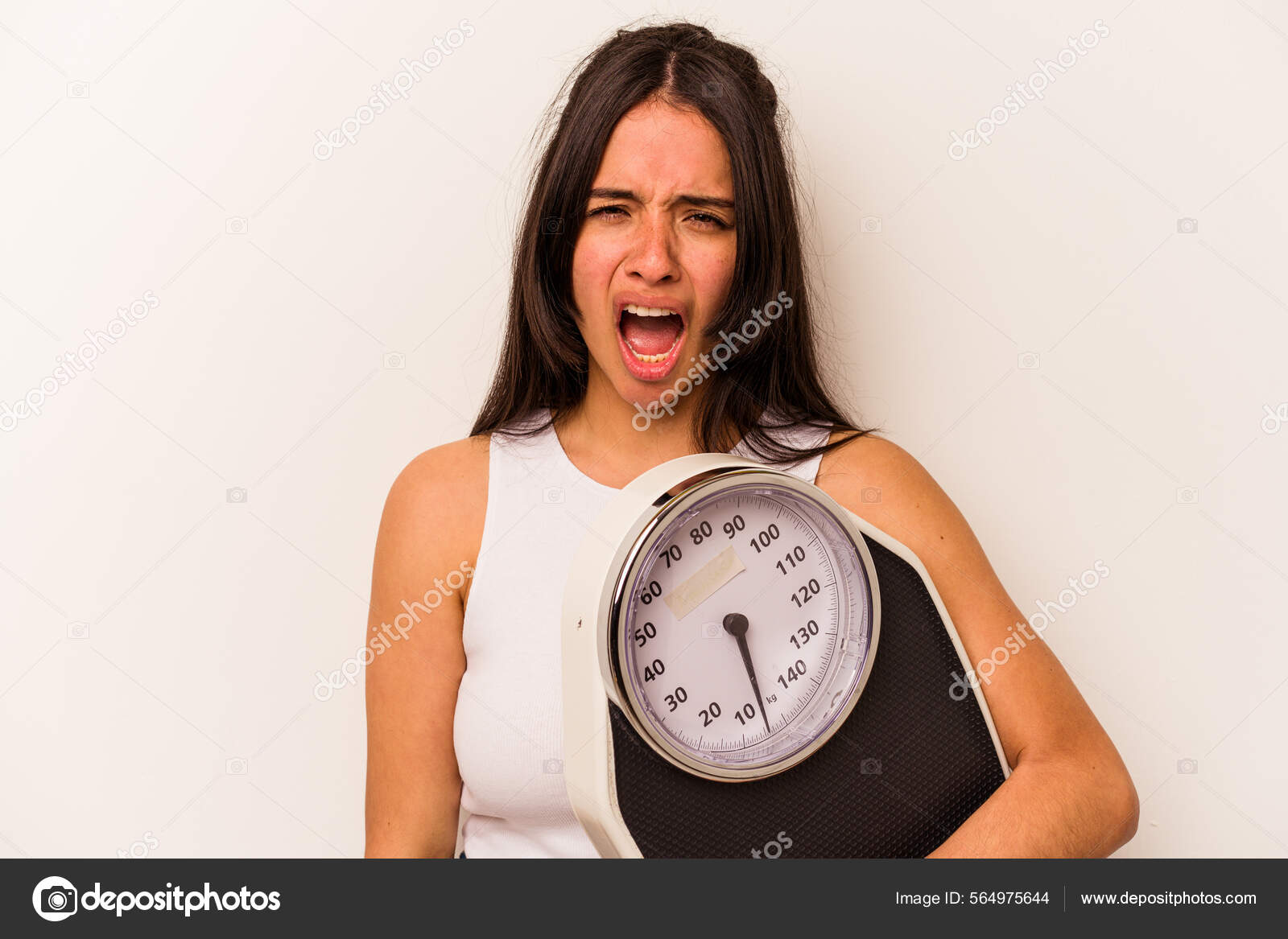 Young Hispanic Woman Holding Scale Isolated White Background Screaming ...